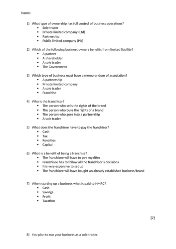 Business Ownership Test | Teaching Resources