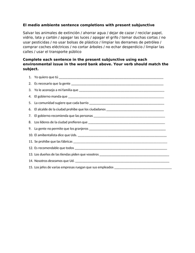 El medioambiente sentence completions with subjunctive | Teaching Resources