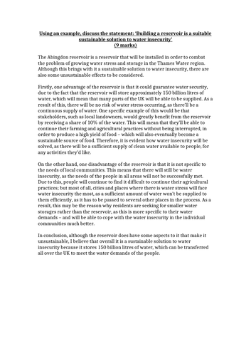 The impact of a reservoir on water insecurity - A*/Grade 9 Geography (9 ...