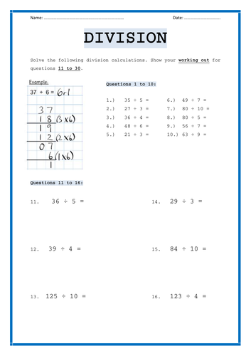 Division 2-page booklet (30 questions) | Teaching Resources