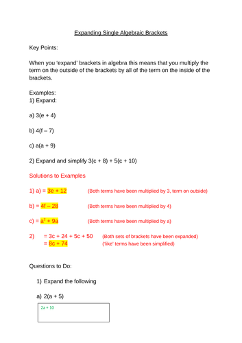 Expanding Single Brackets | Teaching Resources