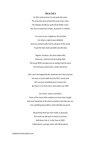 Coronavirus 'Ode to Year 6' Poem | Teaching Resources
