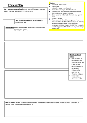 Review Writing Differentiated Planning Sheets | Teaching Resources