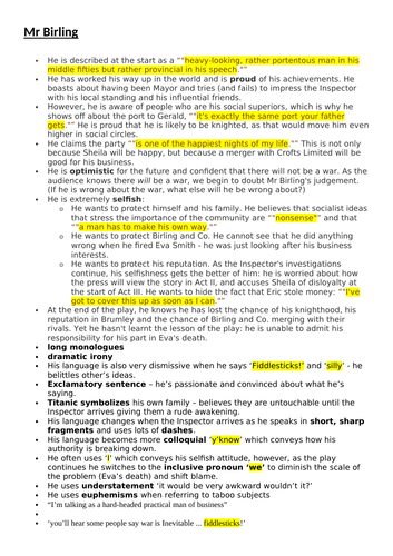 GCSE AN INSPECTOR CALLS - MR BIRLING CHARACTER NOTES | Teaching Resources GCSE AN INSPECTOR CALLS - MR BIRLING CHARACTER NOTES | Teaching Resources