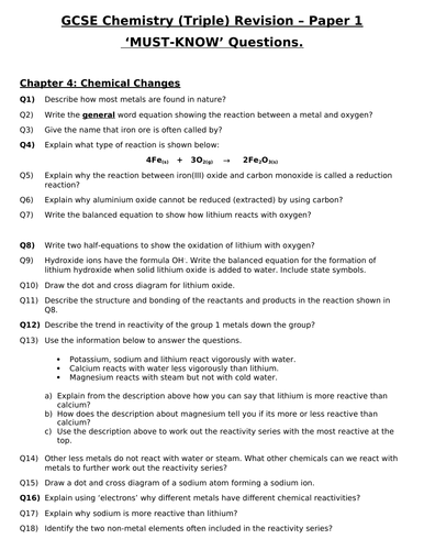 GCSE Triple Chemistry Revision - Topic 4 Chemical Changes Questions and ...