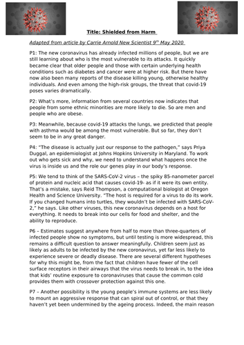 Coronavirus Comprehension Science Article | Teaching Resources