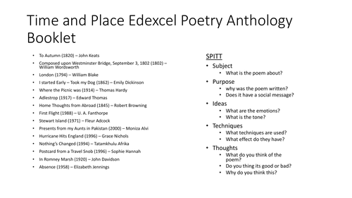 Edexcel GCSE English Literature Time and Place Poetry Profiles Booklet ...
