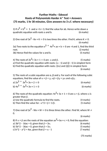 Roots of Polynomials A* Test + Answers - Further Maths | Teaching Resources Roots of Polynomials A* Test + Answers - Further Maths | Teaching Resources