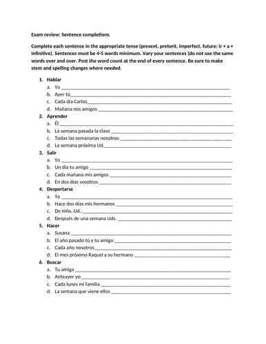 Exam review sentence completions various tenses | Teaching Resources