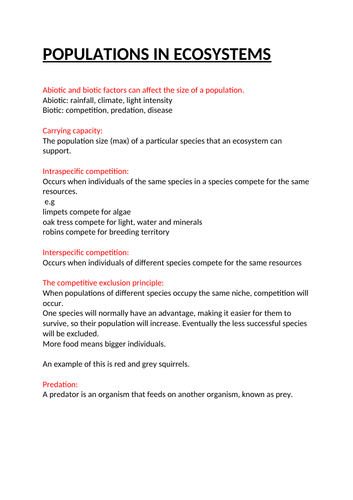 AQA A LEVEL BIOLOGY population in ecosystems | Teaching Resources