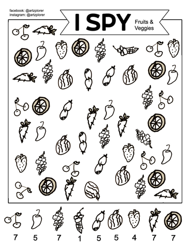 I Spy - Fruits & Veggies: Colouring and quiet game for kids | Teaching ...