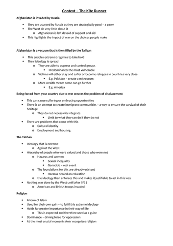 The Kite Runner - Context information/ revision sheet | Teaching Resources
