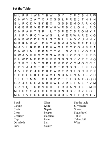 Set the Table in English Wordsearch | Teaching Resources