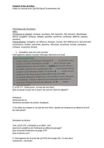 Un sac de billes chapitre 9 | Teaching Resources