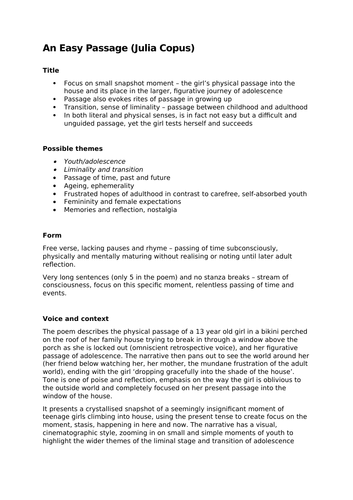 An Easy Passage (Julia Copus): Analysis | Teaching Resources