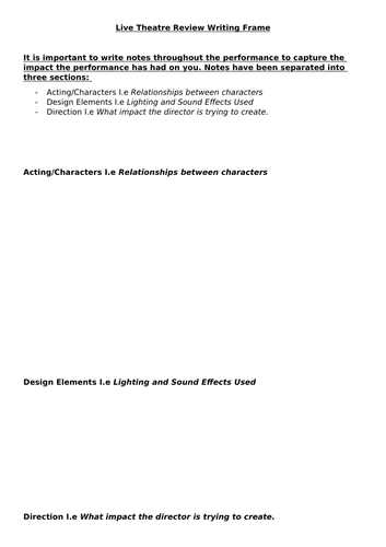 Live Theatre Review Writing Frame | Teaching Resources