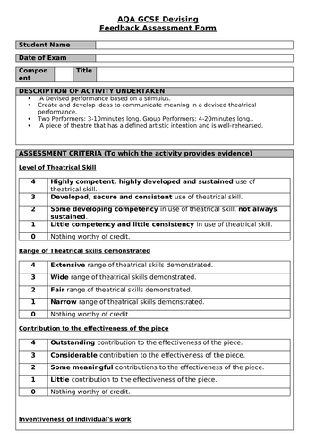 AQA Devising Drama Practical Assessment Form | Teaching Resources