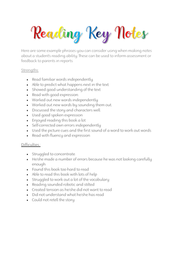Reading Key Notes | Teaching Resources