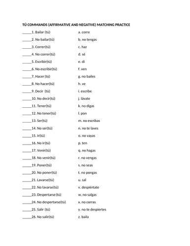 Tu commands matching practice | Teaching Resources