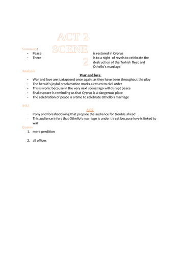 Othello Scene Tracker Act 2 Scene 2 | Teaching Resources