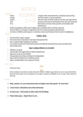 Othello Scene Tracker Act 3 Scene 1+2 | Teaching Resources