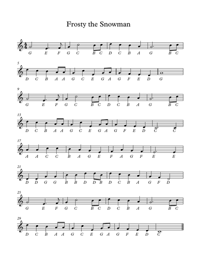 Easy Melody line of Frosty the Snowman - PDF | Teaching Resources