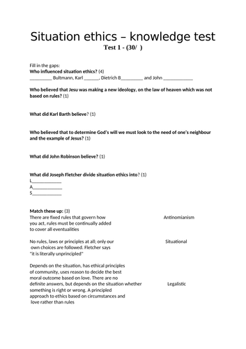 Situation Ethics Knowledge Test | Teaching Resources