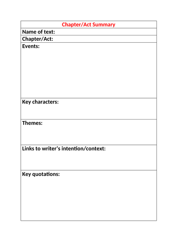 English Lit Resource: Chapter/Act Summary | Teaching Resources