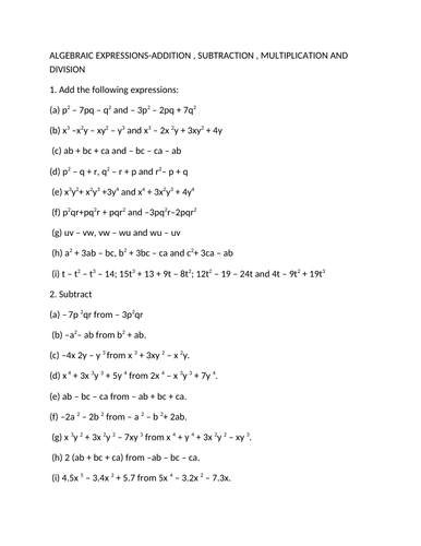 Fundamental Operations On Algebraic Expressions | Teaching Resources