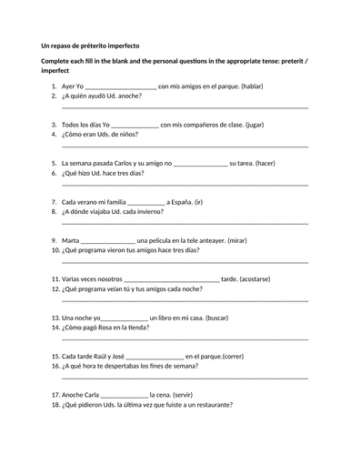 Review preterito imperfecto (preterit imperfect) | Teaching Resources