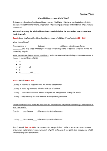 Lockdown Worksheet: How did alliances cause World War I? | Teaching ...