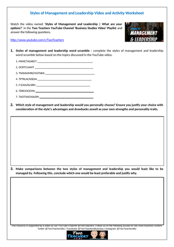 Management and Leadership Style Video and Activity Worksheet | Teaching ...