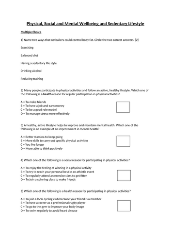 Physical, Mental and Social Well-being Questions for GCSE PE | Teaching ...