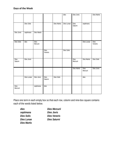 Days Of The Week In Latin