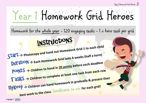 Year 1 Homework Grid Heroes | Teaching Resources