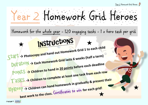 Year 2 Homework Grid Heroes | Teaching Resources