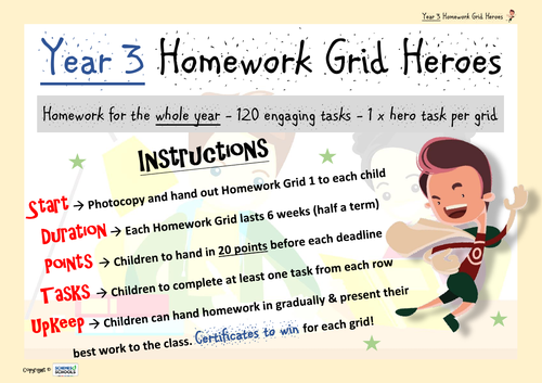 Year 3 Homework Grid Heroes | Teaching Resources