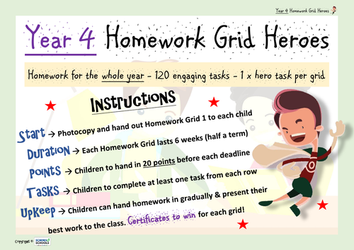 Year 4 Homework Grid Heroes | Teaching Resources
