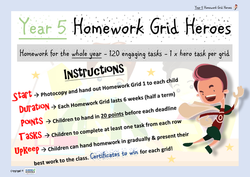 Year 5 Homework Grid Heroes | Teaching Resources