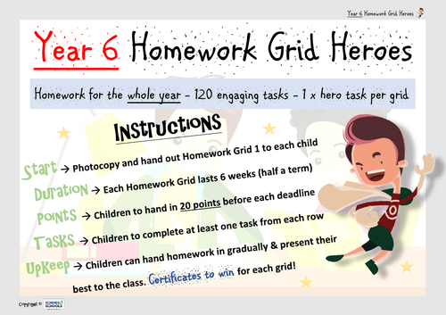 Year 6 Homework Grid Heroes | Teaching Resources