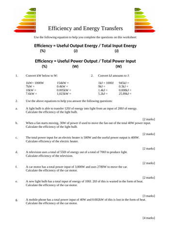 GCSE Physics Efficiency Calculations Worksheet with Answers | Teaching ...