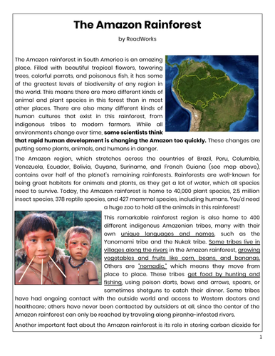 Amazon Rainforest Comprehension | Teaching Resources