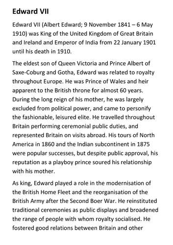 Edward VII Handout | Teaching Resources