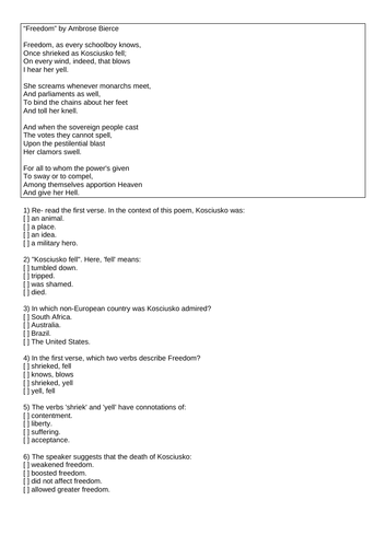"Freedom" Ambrose Bierce Poetry Close Reading Unseen Pre-reading Quiz ...