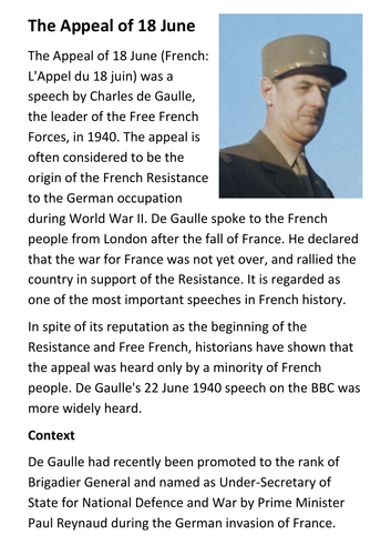 The Appeal of 18 June Charles de Gaulle Handout | Teaching Resources