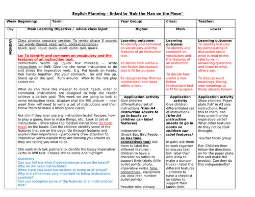 KS1 English plan - Instructions linked to Bob the Man on Moon ...