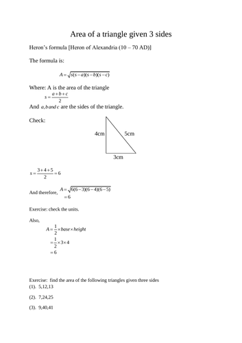 Area of a triangle given three sides - Proof of Heron's formula ...