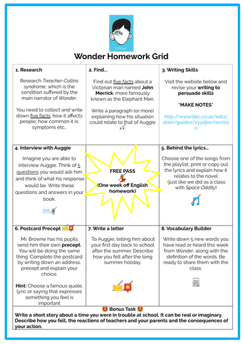Wonder Homework Grid | Teaching Resources Wonder Homework Grid | Teaching Resources