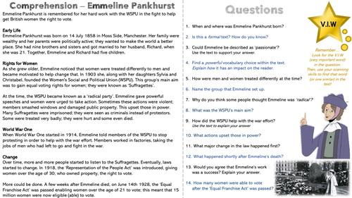 Emmeline Pankhurst Comprehension | Teaching Resources