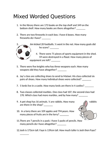 Mixed Worded Problems | Teaching Resources Mixed Worded Problems | Teaching Resources